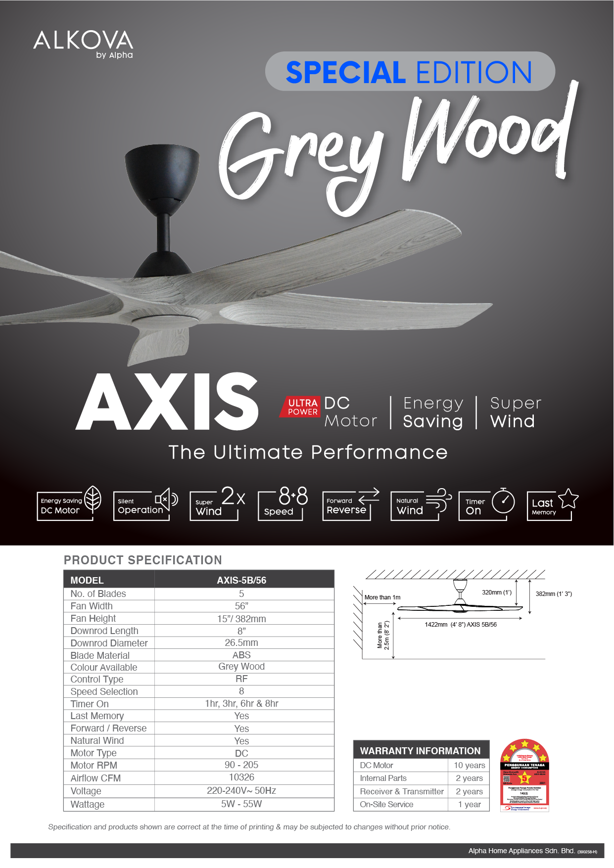Tampoi Lighting :: Fans :: ALPHA ALKOVA - AXIS 5B 56-Inch DC Motor ...